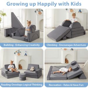 KIDZSOF 16Pcs Kids Couch, Modular Kids Play Couch for Toddlers, 1000+DIY Convertible Kid Sofa for Playroom Bedroom Building Fort, Versatile Foam Kid Play Couch for Child Boys & Girls Baby, Grey