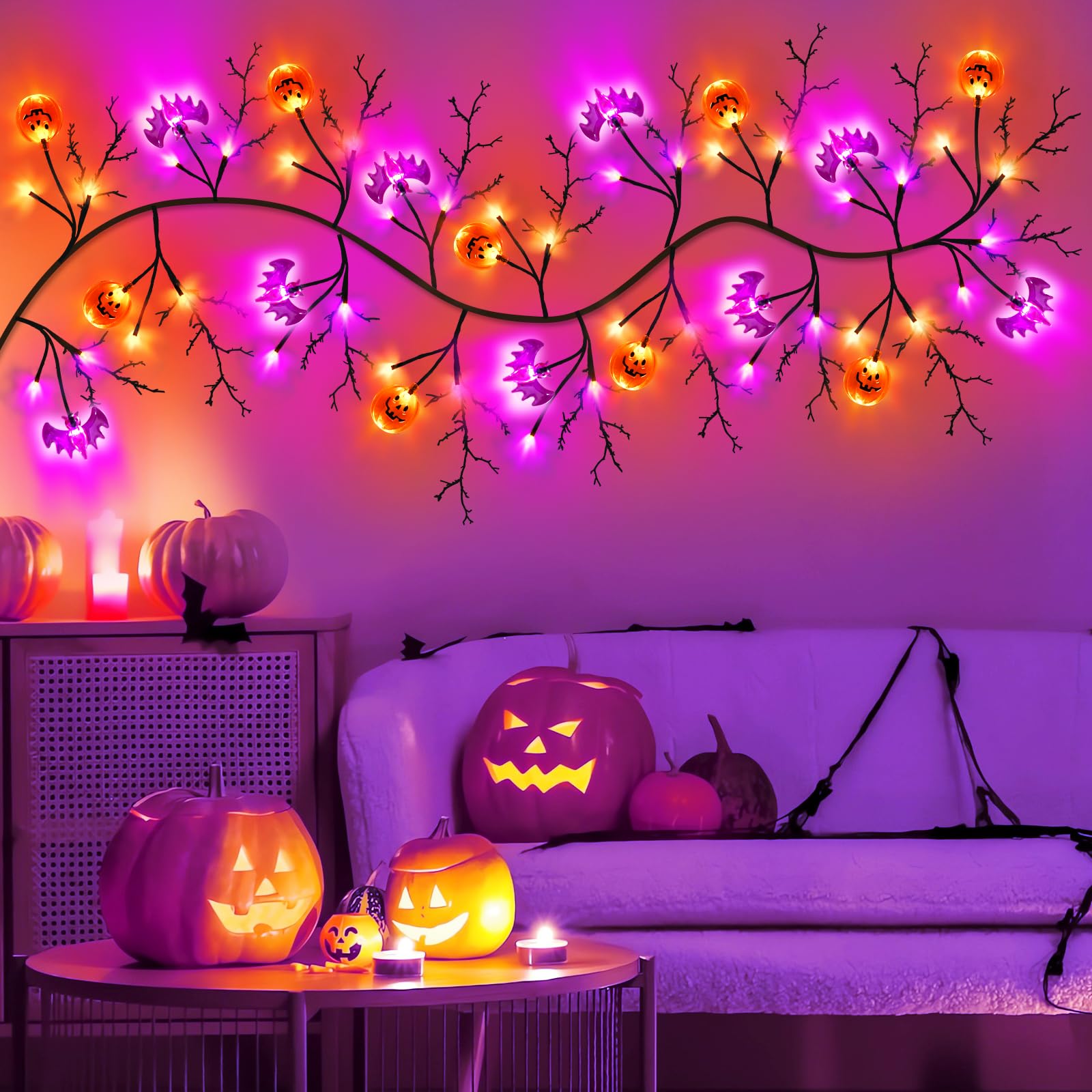 9FT 72LED Halloween Decorations Willow Vine Twig Garland with 8 Modes Orange Purple Lights & Timer &12 Pumpkin Bat,Battery Operated Halloween Garland for Mantel Table Fireplace Indoor Home Decor