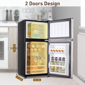 OOTDAY 4.0 Cu.Ft Mini Fridge, Apartment Refrigerator, Samll Refrigerator with Freezer, Dorm Refrigerator for Apartment, Office, Kitchen, Dorm, Compact Refrigerator with 7 Temperature Modes, Silver