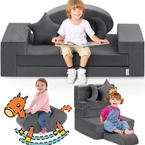 Modular Kids Play Couch, Kidirect K12 PRO DIY 400+ Creative Kids Couch for Playroom, Upgraded Play Couch Convertible Rocking Horse, Sectional Kids Sofa Couch with Star Moon for Kids and Toddlers(Grey)