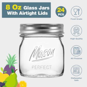 Esrentle 16 Pack 8 oz Mason Jars with Regular Airtight Lids - Glass Canning Jars 8 oz, Mini Mason Jars for Jam, Jelly, Honey, Overnight Oats, Party Favors, Shower Favor, Separable Lids