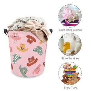 TsyTma Lovely Pink Cowgirl Hats Laundry Basket Small Collapsible Laundry Hamper with Handles Vintage Western Round Dirty Clothes Hampers for Laundry Bedroom Bathroom