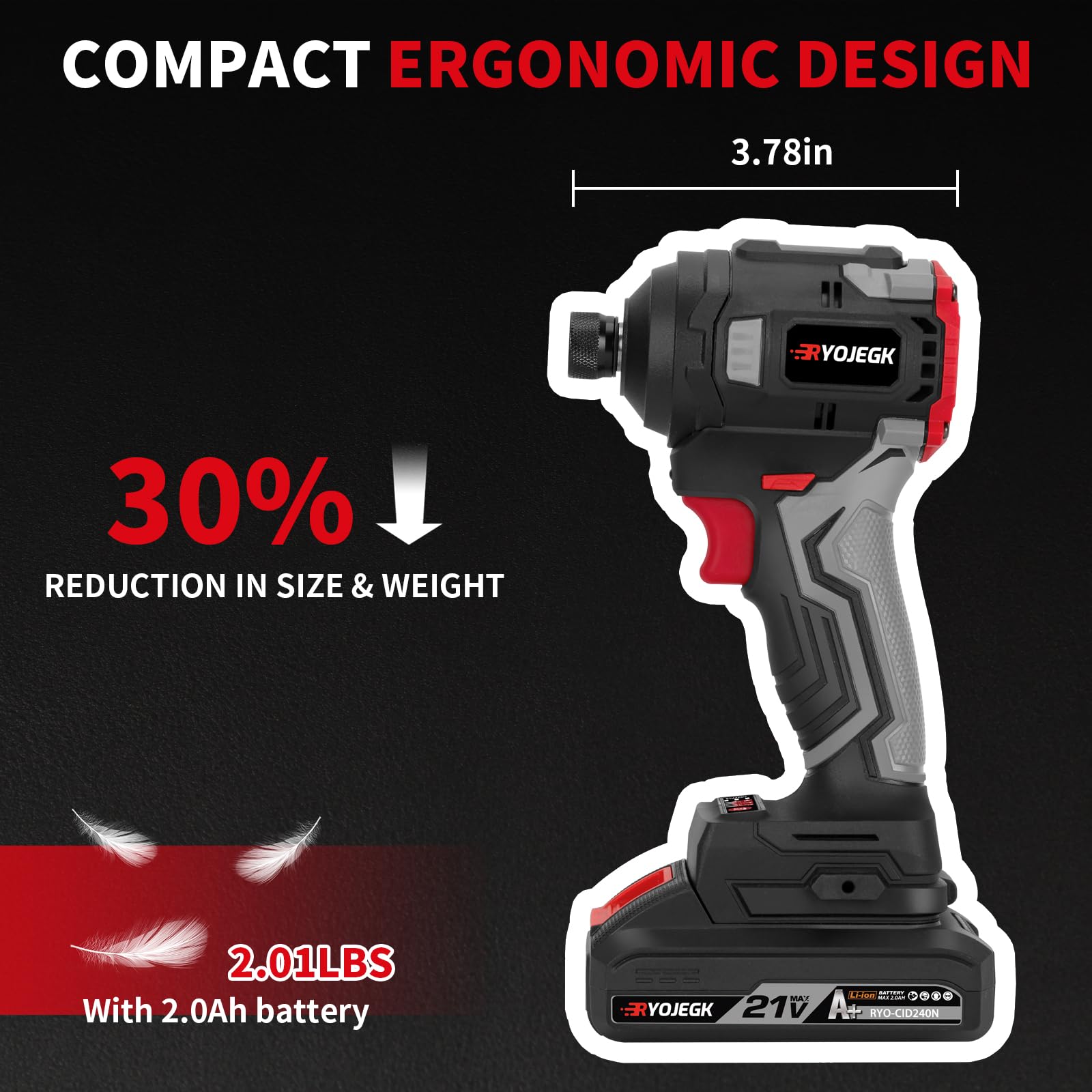 RYOJEGK Compact Cordless Impact Driver Set,1/4”Hex Chuck 250Nm(185 Ft-lbs) Brushless Impact Drill/Driver With 4-Speed,2.0Ah Battery,24PCS Set of Accessories, llave De Impacto Eléctrica for Home & Auto