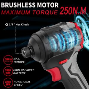 RYOJEGK Compact Cordless Impact Driver Set,1/4”Hex Chuck 250Nm(185 Ft-lbs) Brushless Impact Drill/Driver With 4-Speed,2.0Ah Battery,24PCS Set of Accessories, llave De Impacto Eléctrica for Home & Auto