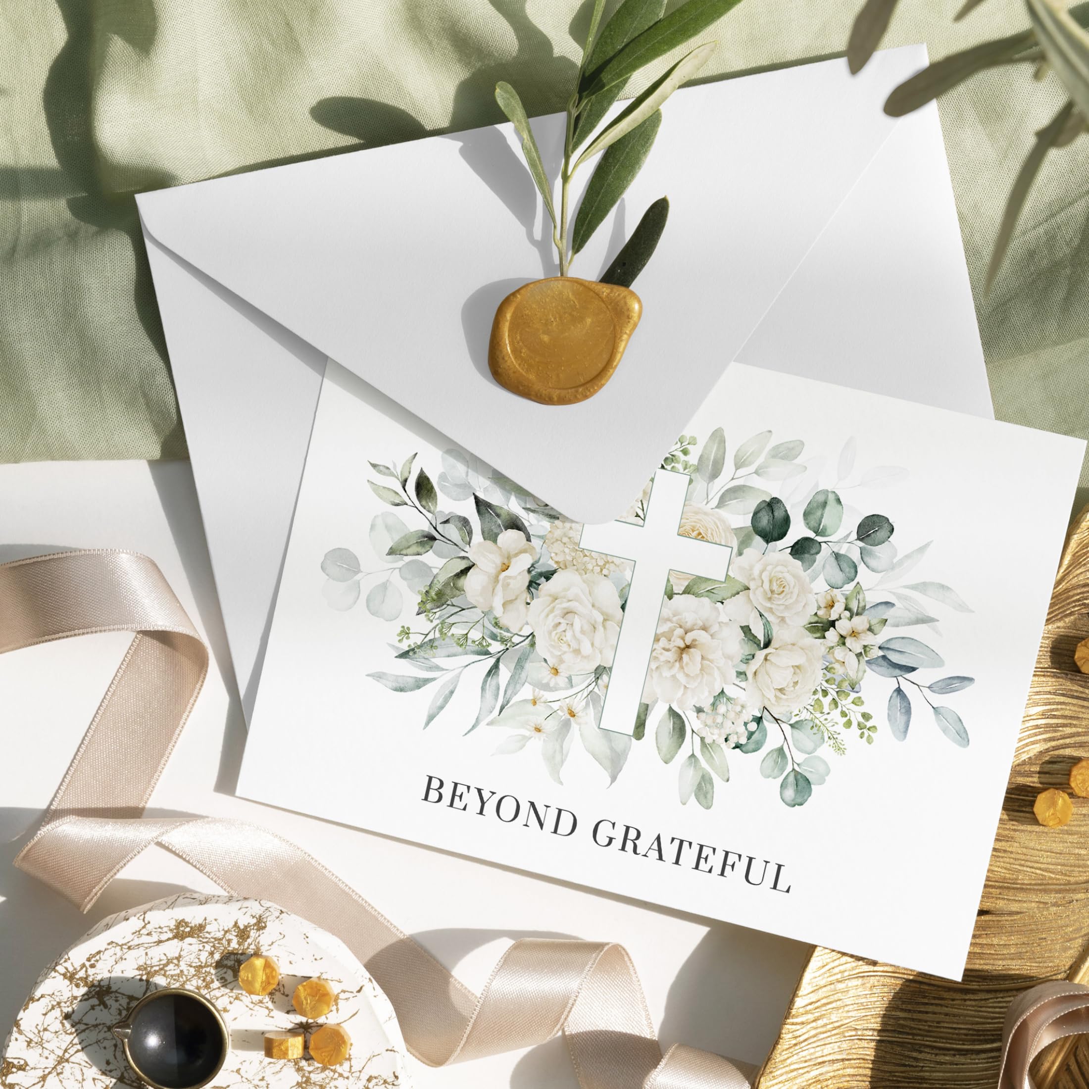 Rustic Elegance Thank You Cards with Envelopes (25 Pack) All Occasion Notecards Perfect for Baptism, Funeral, Religious Ceremonies, Sympathy - White Floral with Cross & Greenery Folded Stationery Set