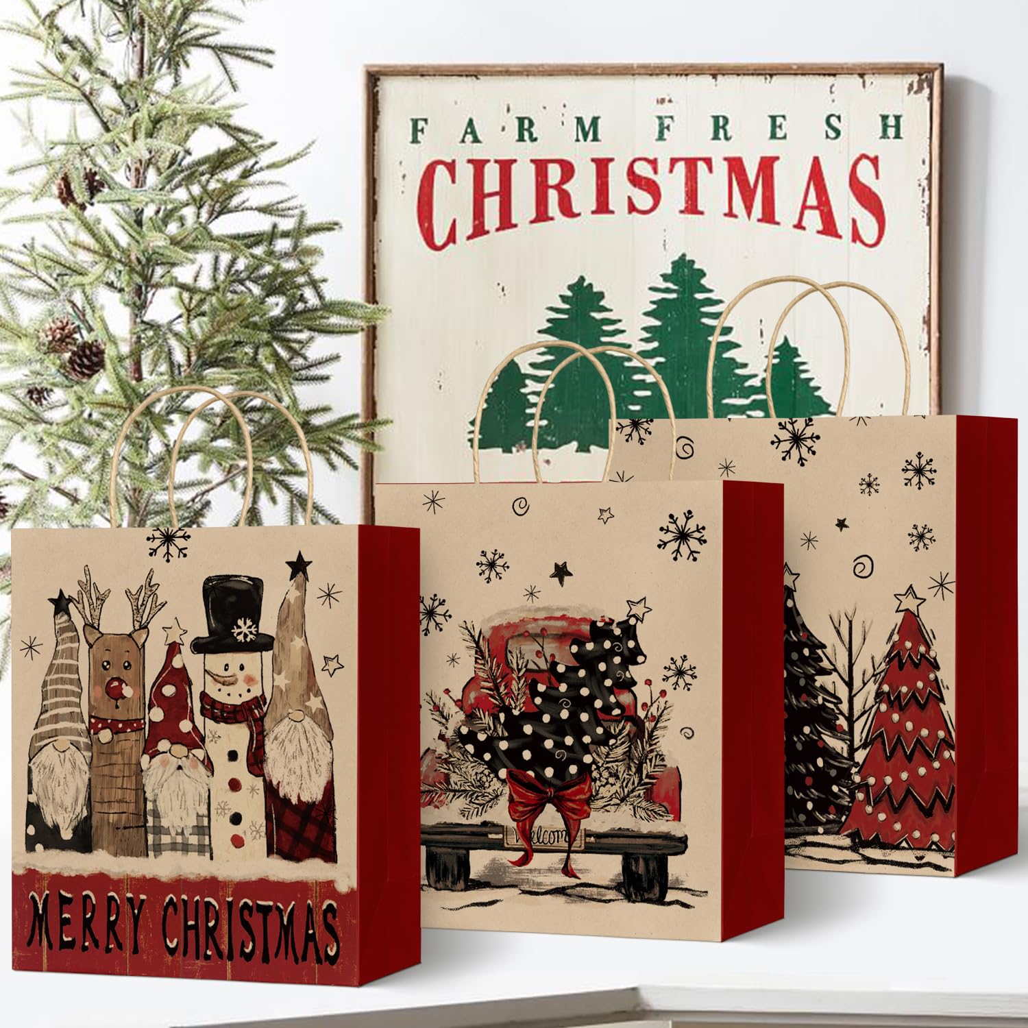 Horaldaily 24 Christmas Gift Paper Bags Bulk with handles Wrapping, Christmas Trees Santa Snowman Truck Deer Ball Ornaments Xmas Holiday Presents(24 Large)