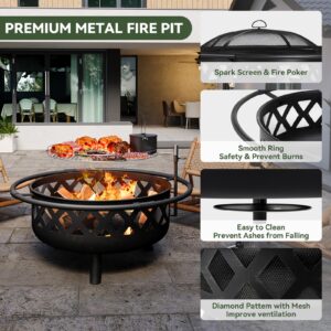 Aoxun Fire Pit, 42" Outdoor Wood Burning Fire Pit with Large Grill, BBQ Large Fire Table for Camping, Heating, Picnics