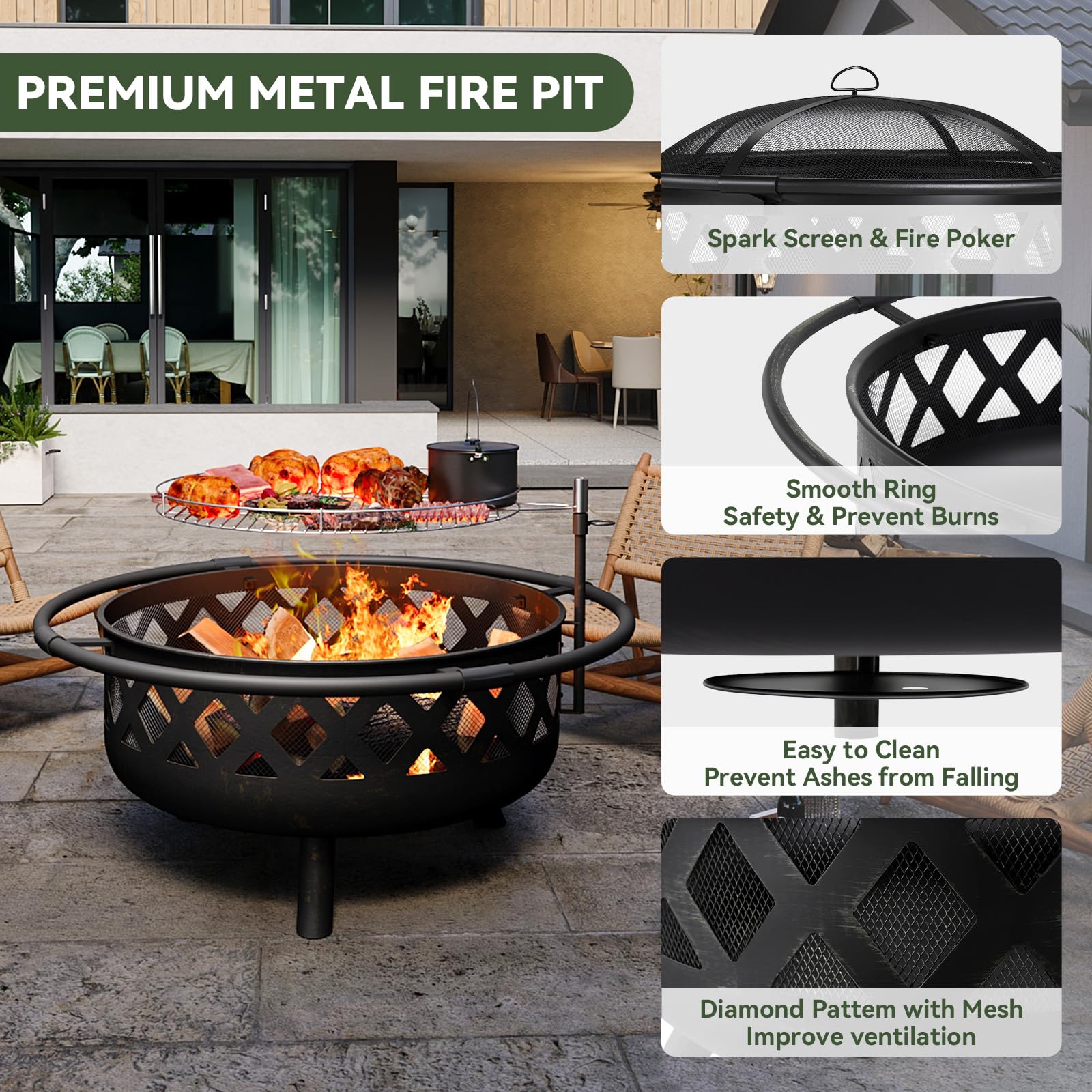 Aoxun Fire Pit, 42" Outdoor Wood Burning Fire Pit with Large Grill, BBQ Large Fire Table for Camping, Heating, Picnics