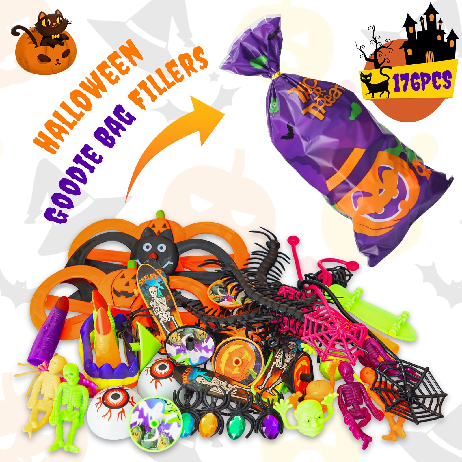 176PCS Halloween Party Favors for Kids, Halloween Glasses Gift Bags Goodies for Boys Girls Halloween Bulk Fillers Bags Halloween Treats Non-Candy School Classroom Prizes Halloween Gifts Trick or Treat