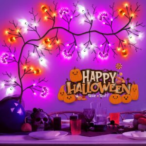 9FT 72 LED Halloween Decorations Willow Vine Twig Garland with 8 Modes Orange Purple White Lights & Timer & 8 Pumpkin Bat Ghost,Battery Operated Halloween Garland for Mantel Table Indoor Home Decor