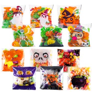 blewindz 300pcs halloween goodie bags, small halloween candy treat bags self adhesive clear cellophane bags for kids halloween party favors (12 style)