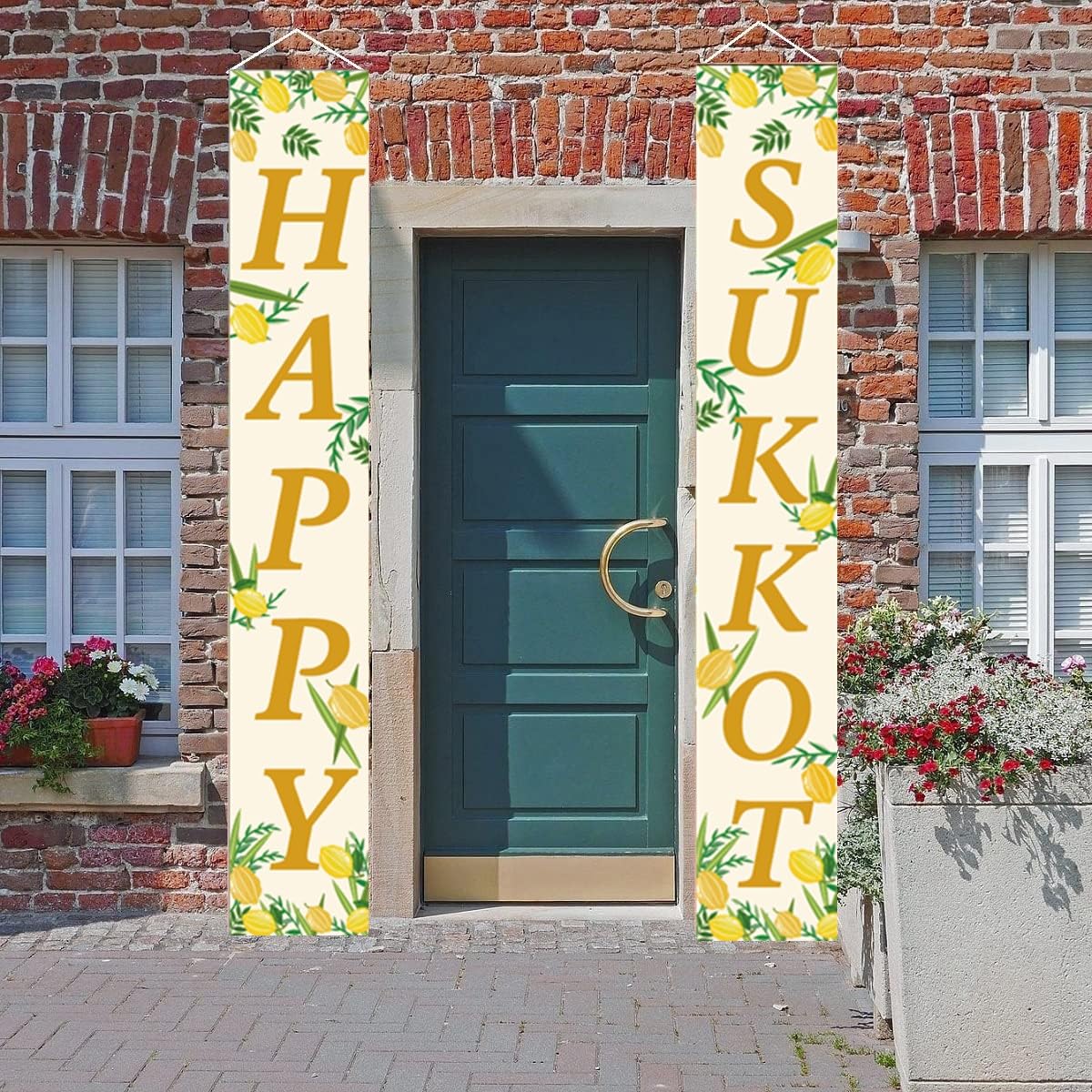 LOONELO Happy Sukkot Porch Banner with 70.9" X 11.8", Etrog Lulav Jewish Holiday Hanging Porch Sign, Sukkah Jewish Hebrewh Party Decorations Supplies for Jewish Holiday Sukkot Celebration Festival