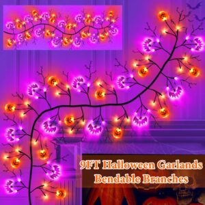 9FT 72LED Halloween Decorations Willow Vine Twig Garland with 8 Modes Orange Purple Lights & Timer &12 Pumpkin Bat,Battery Operated Halloween Garland for Mantel Table Fireplace Indoor Home Decor