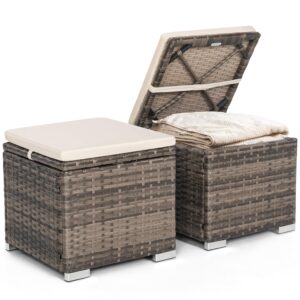 nuu garden 2-piece outdoor patio ottomans, all weather rattan wicker ottoman seat with storage, outdoor footstool footrest seat with removable cushion, for patio, backyard, side table, brown and beige