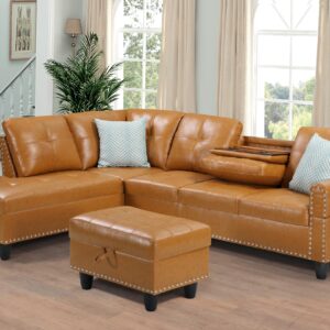 MMTGO L-Shape Faux Leather Modular Sectional Sofa with Storage Ottoman and Cup Holders, 4-Seater Tufting Upholstered Corner Couch for Living Room, Home Furniture, Apartment, Ginger