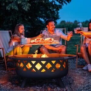 Aoxun Fire Pit, 42" Outdoor Wood Burning Fire Pit with Large Grill, BBQ Large Fire Table for Camping, Heating, Picnics