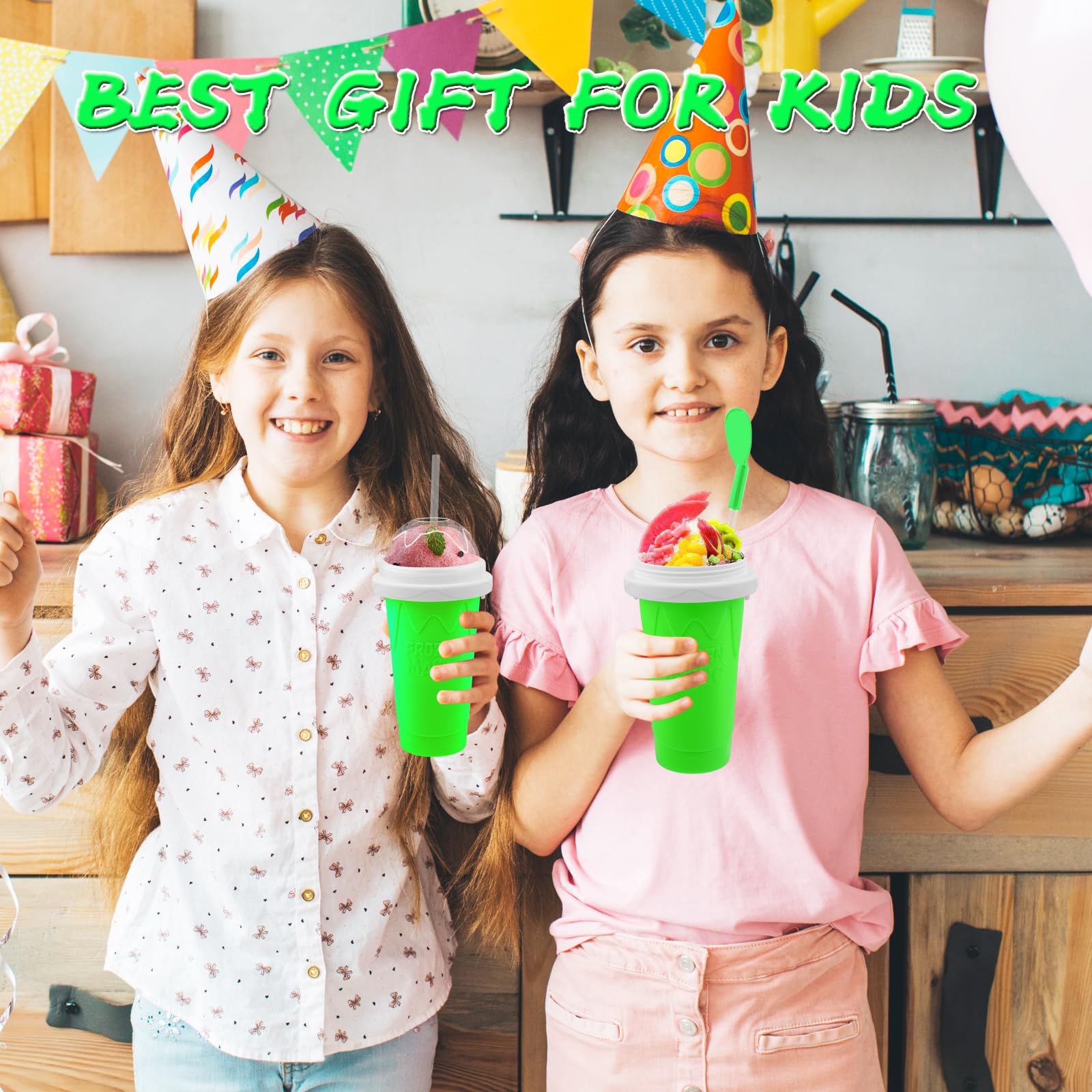 Slushy Maker Cup - DIY Magic Slushy Maker Squeeze Cup, Portable Smoothie Squeeze Cup for Juices, Milk and Ice Cream Make, Double Layers Silicone Slushie Cup with Straw for Friends,Family Gifts (green)