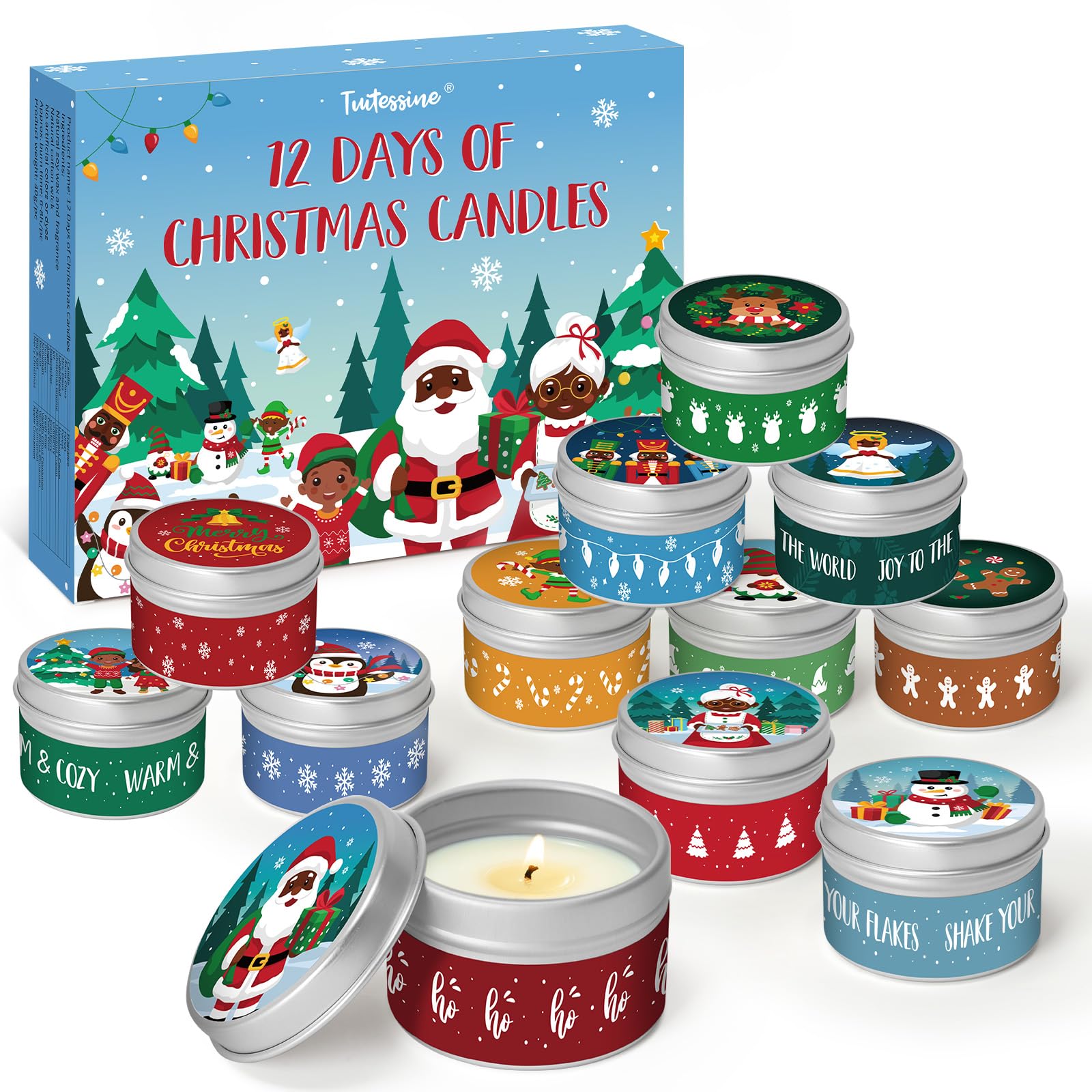 Tuitessine 12 Days Christmas Advent Calendar 2024 Scented Candles African American Christmas Decorations Soy Wax Jar Candles 12 PCS Christmas Countdown Calendar Black Santa Claus Gifts