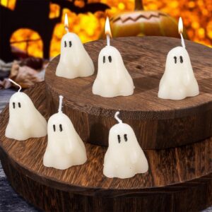 asbondy 6 pcs halloween ghost candles, cute ghost decorative candle set, burning candles, white soy wax horror candles for halloween party and table decorations