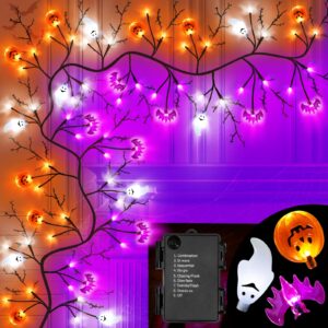 9ft 72 led halloween decorations willow vine twig garland with 8 modes orange purple white lights & timer & 8 pumpkin bat ghost,battery operated halloween garland for mantel table indoor home decor