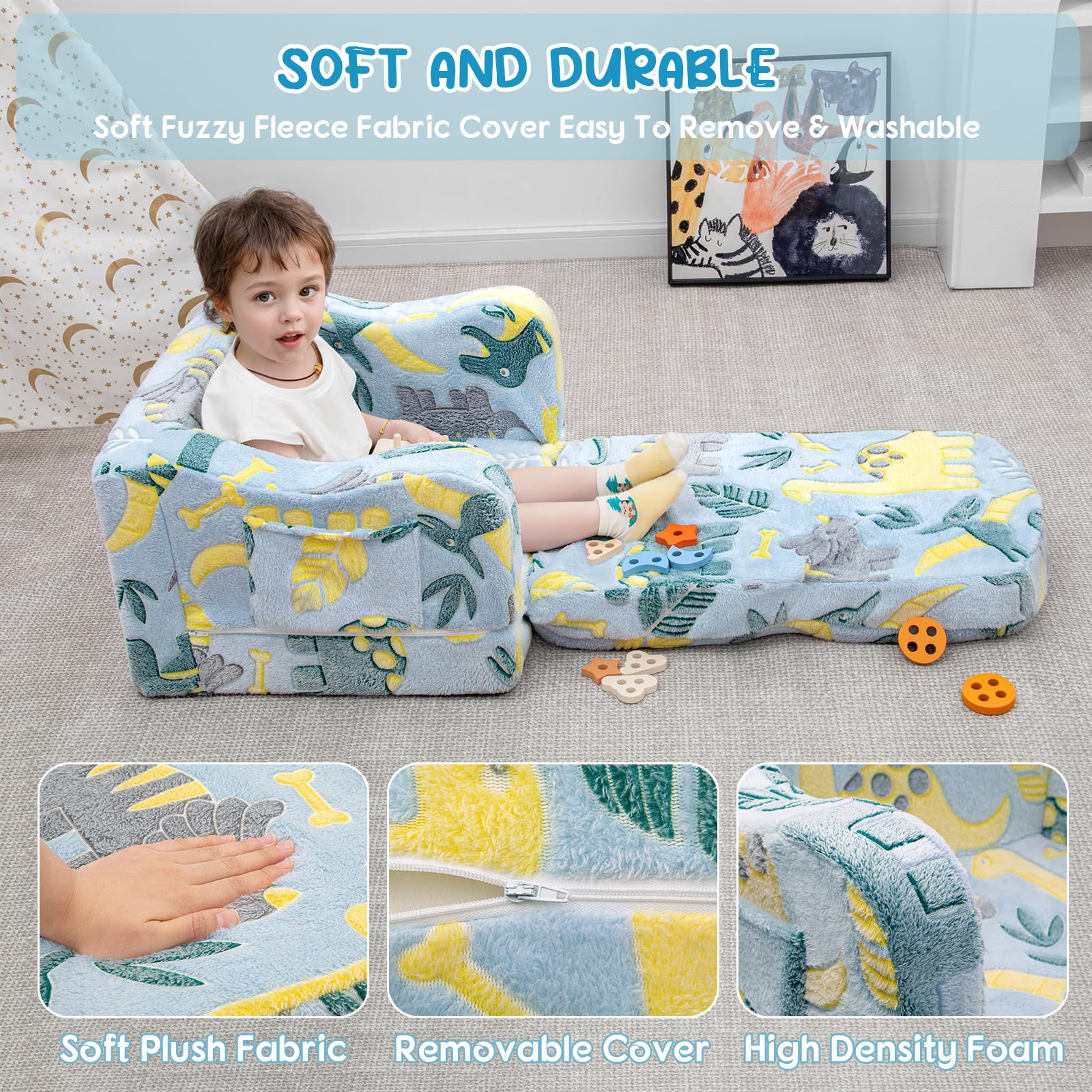 Airpanda Comfy Toddler Couch and Chair for Kids with Blanket, 2-in-1 Soft Plush Fold Out Kids Sofa Chairs for Girls and Boys, Convertible Sofa to Lounger for Playroom, Glowing Dinosaur