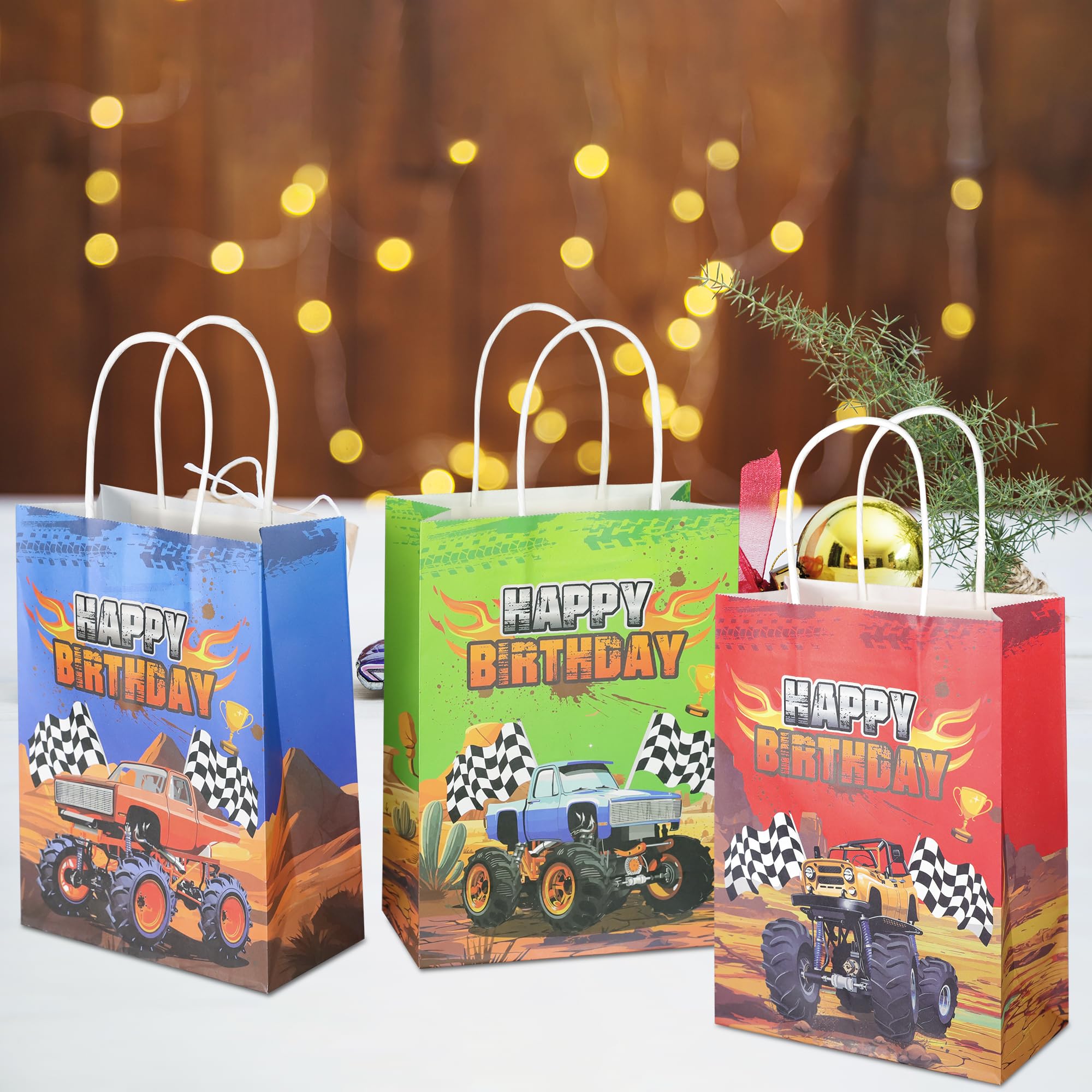 GITMIWS 24 Pack Monster Truck Paper Gift Bags with 24pcs Tissue Paper, Truck Party Favor Bags with Handles, Monster Truck Treat Bags for Kids Boys Birthday Party Goodie Bags, Party Supply Decoration