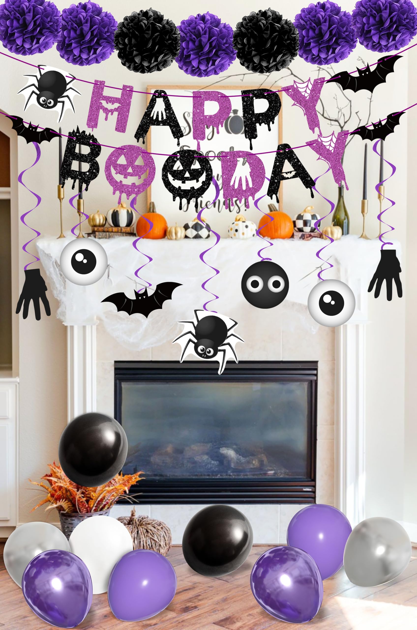 Halloween Birthday Party Decorations Balloon Banner Paper Pompom Cake Topper Hanging Swirl for Halloween Happy Boo Day Party Supplies