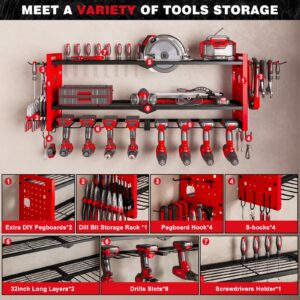 NattyDot Power Tool Organizer Wall Mount,Cordless Drill Hanger Storage Rack 8 Drill Holder,3 Layers Heavy Duty Power Tool Storage Rackr(Red)