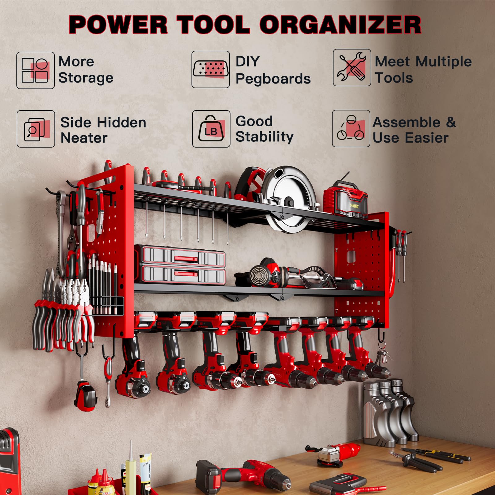 NattyDot Power Tool Organizer Wall Mount,Cordless Drill Hanger Storage Rack 8 Drill Holder,3 Layers Heavy Duty Power Tool Storage Rackr(Red)