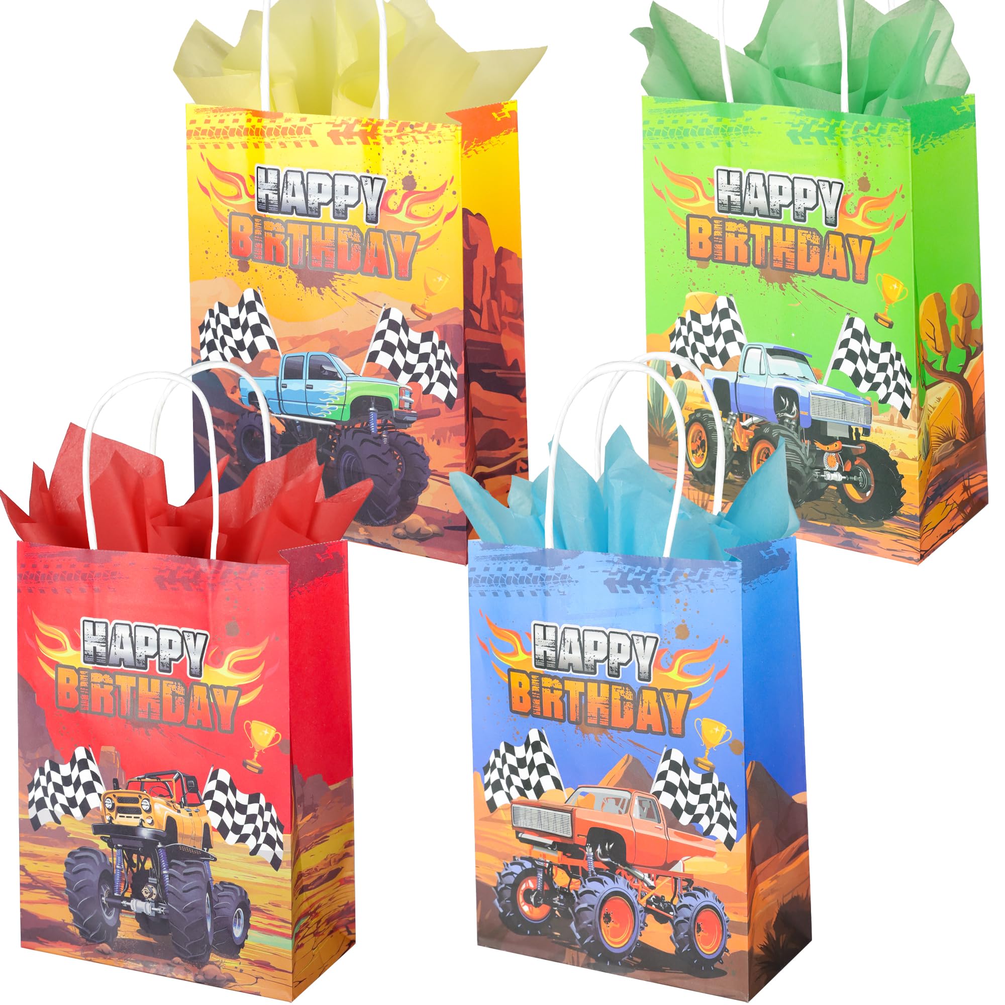 GITMIWS 24 Pack Monster Truck Paper Gift Bags with 24pcs Tissue Paper, Truck Party Favor Bags with Handles, Monster Truck Treat Bags for Kids Boys Birthday Party Goodie Bags, Party Supply Decoration