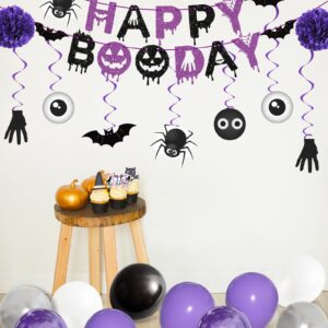 Halloween Birthday Party Decorations Balloon Banner Paper Pompom Cake Topper Hanging Swirl for Halloween Happy Boo Day Party Supplies