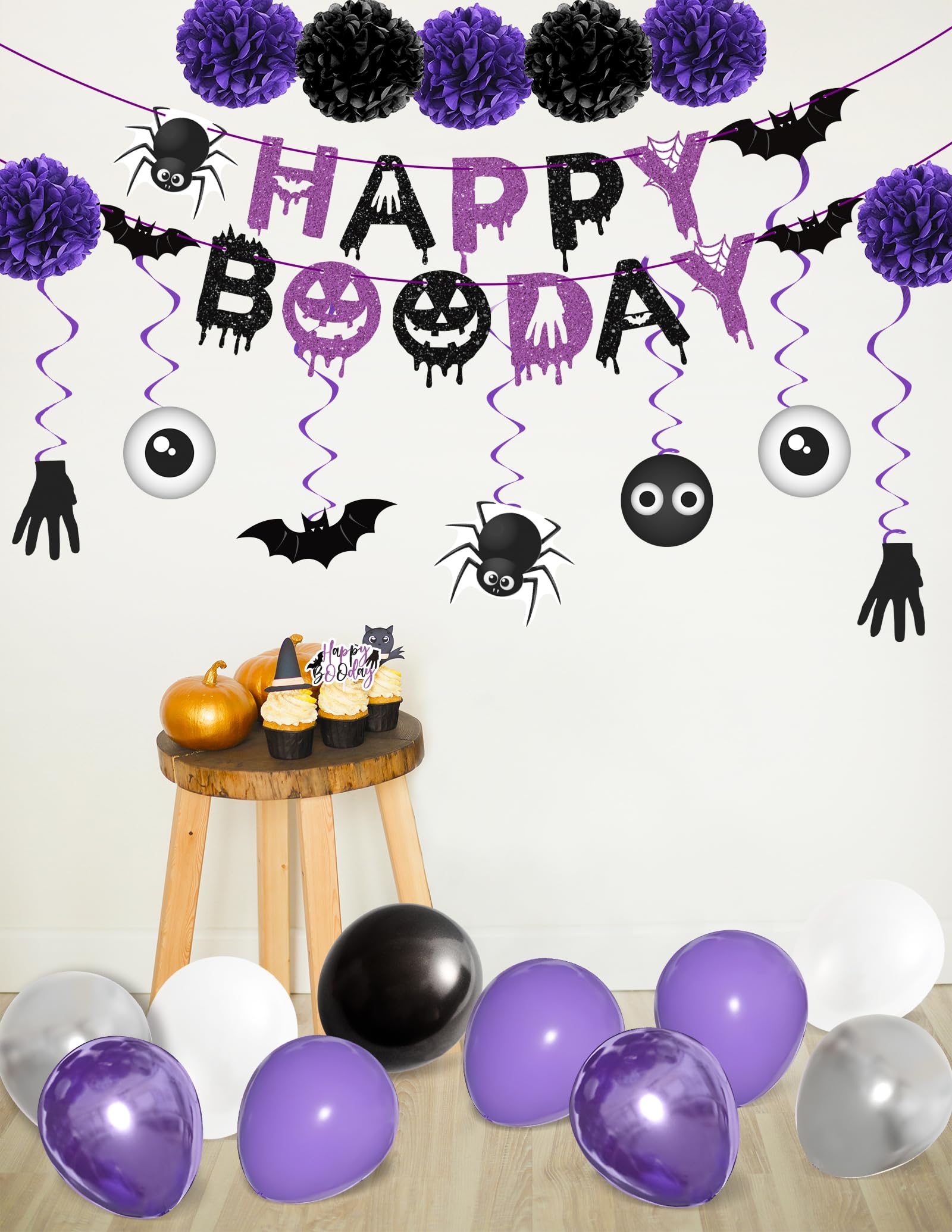 Halloween Birthday Party Decorations Balloon Banner Paper Pompom Cake Topper Hanging Swirl for Halloween Happy Boo Day Party Supplies