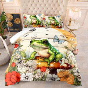 ailonen cartoon frog comforter set twin size,butterfly comforter set,nature plant fungus flower frog bedding set decor,3 piece fantasy sunset abstract yellow comforter with 2 pillowcases