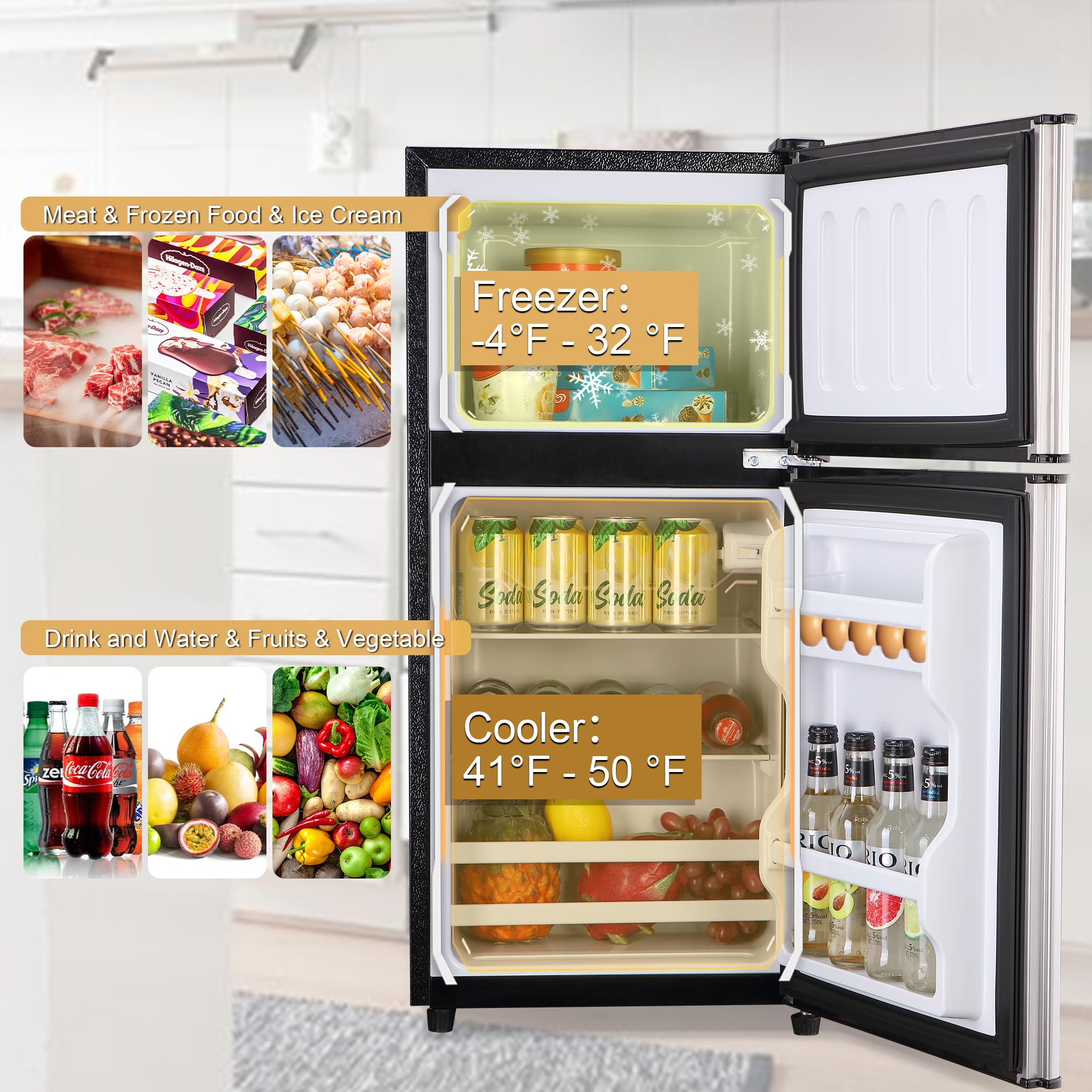 OOTDAY 4.0 Cu.Ft Mini Fridge, Apartment Refrigerator, Samll Refrigerator with Freezer, Dorm Refrigerator for Apartment, Office, Kitchen, Dorm, Compact Refrigerator with 7 Temperature Modes, Silver