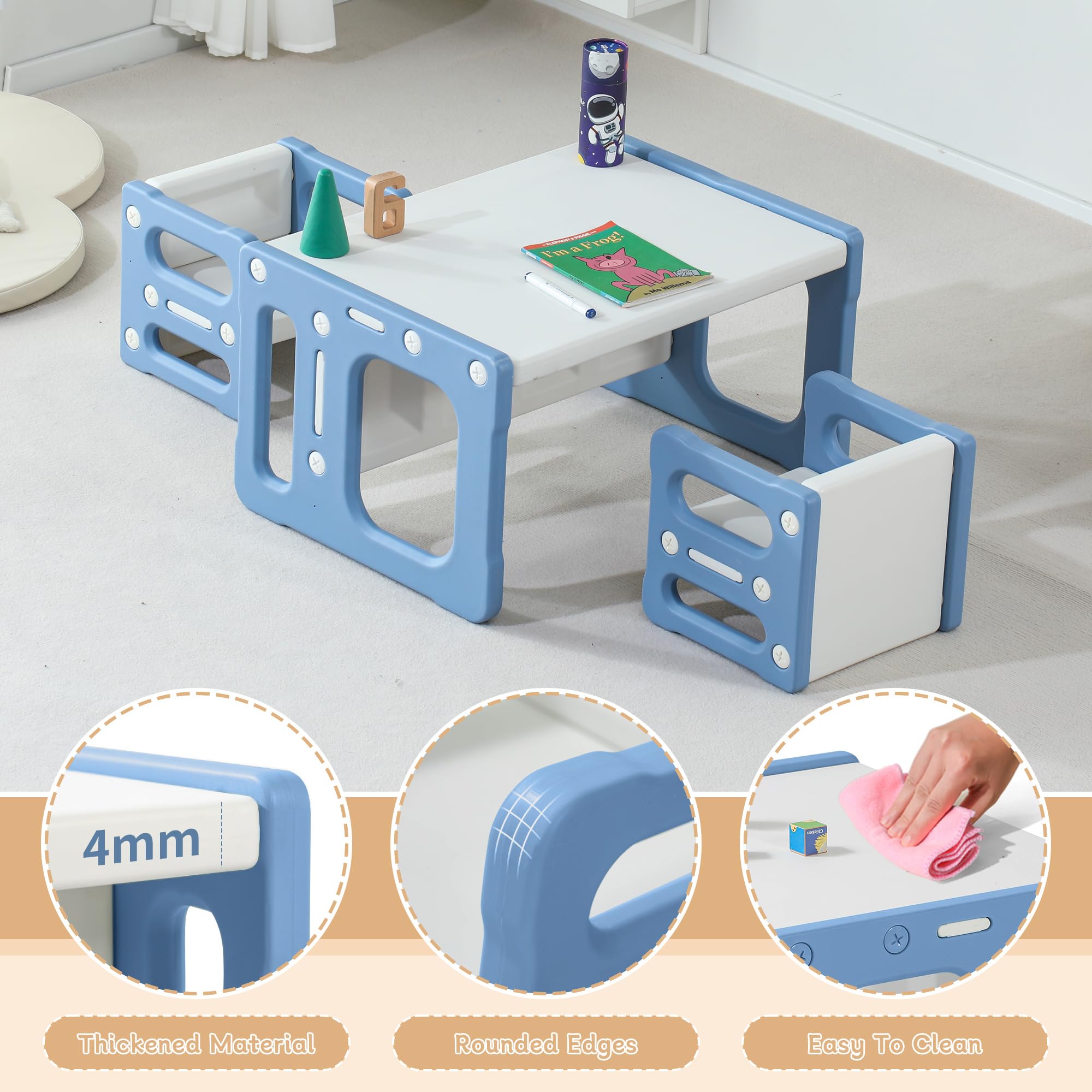 SINKIPA 3 in 1 Montessori Weaning Table and 2 Chairs Set, Kids Table and Chair Set, 2 Height Levels, Toddlers Activity Table for Drawing, Dining, Reading and Playing, Blue