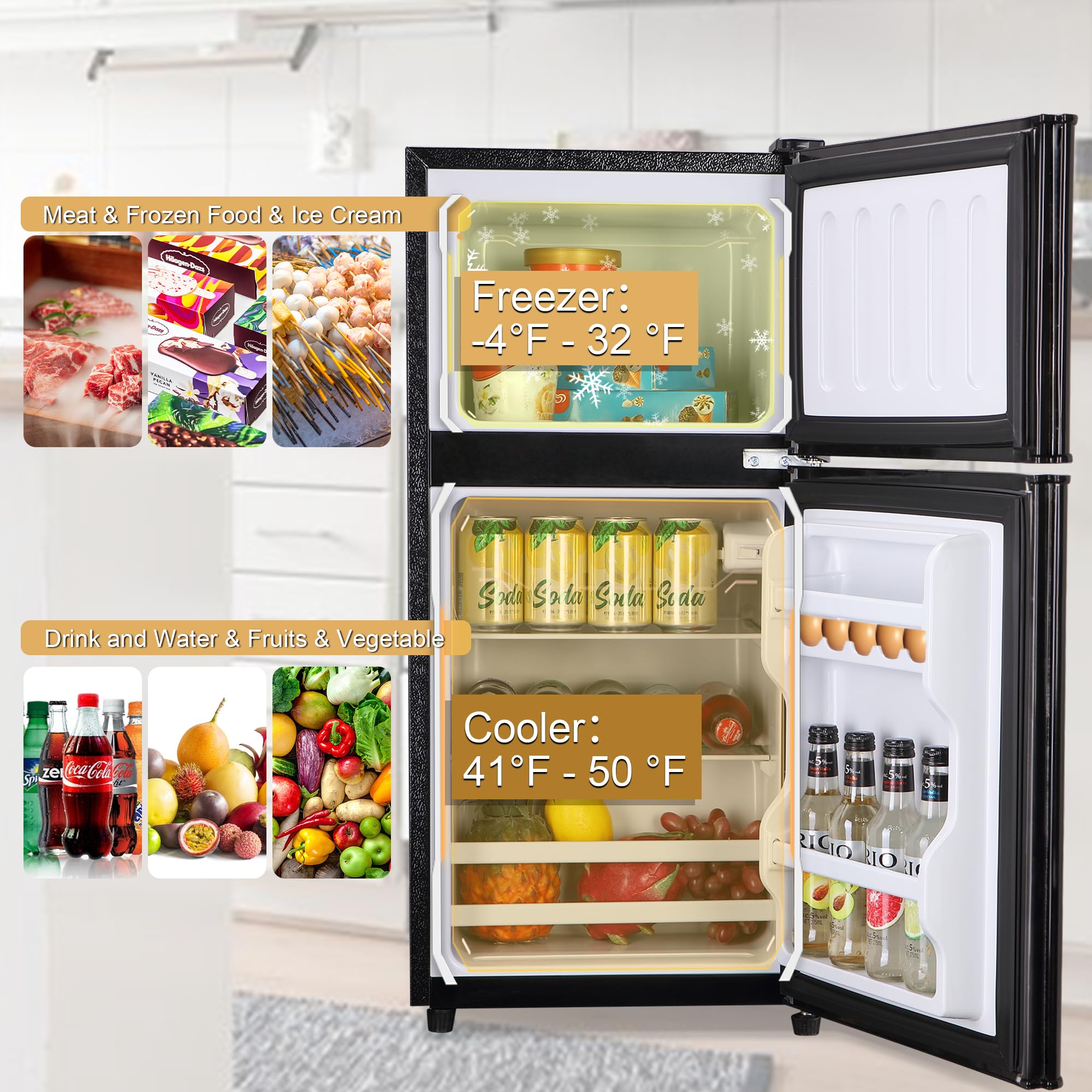 OOTDAY Compact Refrigerator, 3.4 Cu.Ft Small Fridge with Double Door, Apartment Size Refrigerator with 7 Level Adjustable Thermostat Control Perfect for Kitchen Dorm Apartment Office Black