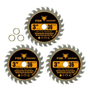 fox discovery 3 inch 36t circular saw blade compatible with dremel saw-max, dewalt, rotozip saws, rigid 3" multi-material saw, cuts for woods, plastic, pcv, acrylic, aluminum, 7/16" arbor - 3 pack