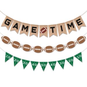 3sscha 3pcs football burlap banners - football felt banner game time yard line hanging decoration sports rustic bunting flag photo prop backdrop for baby shower game day birthday party favor supplies