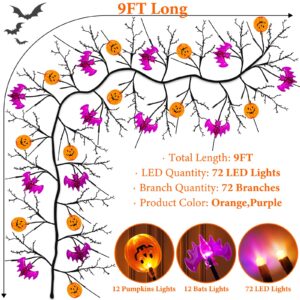 9FT 72LED Halloween Decorations Willow Vine Twig Garland with 8 Modes Orange Purple Lights & Timer &12 Pumpkin Bat,Battery Operated Halloween Garland for Mantel Table Fireplace Indoor Home Decor