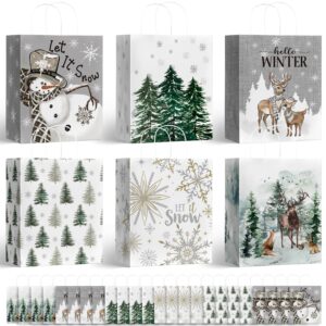 horaldaily 24 christmas gift paper bags bulk with handles wrapping, christmas trees snow snowman deer holiday presents(24 large)