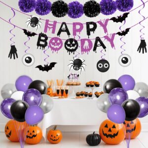 Halloween Birthday Party Decorations Balloon Banner Paper Pompom Cake Topper Hanging Swirl for Halloween Happy Boo Day Party Supplies