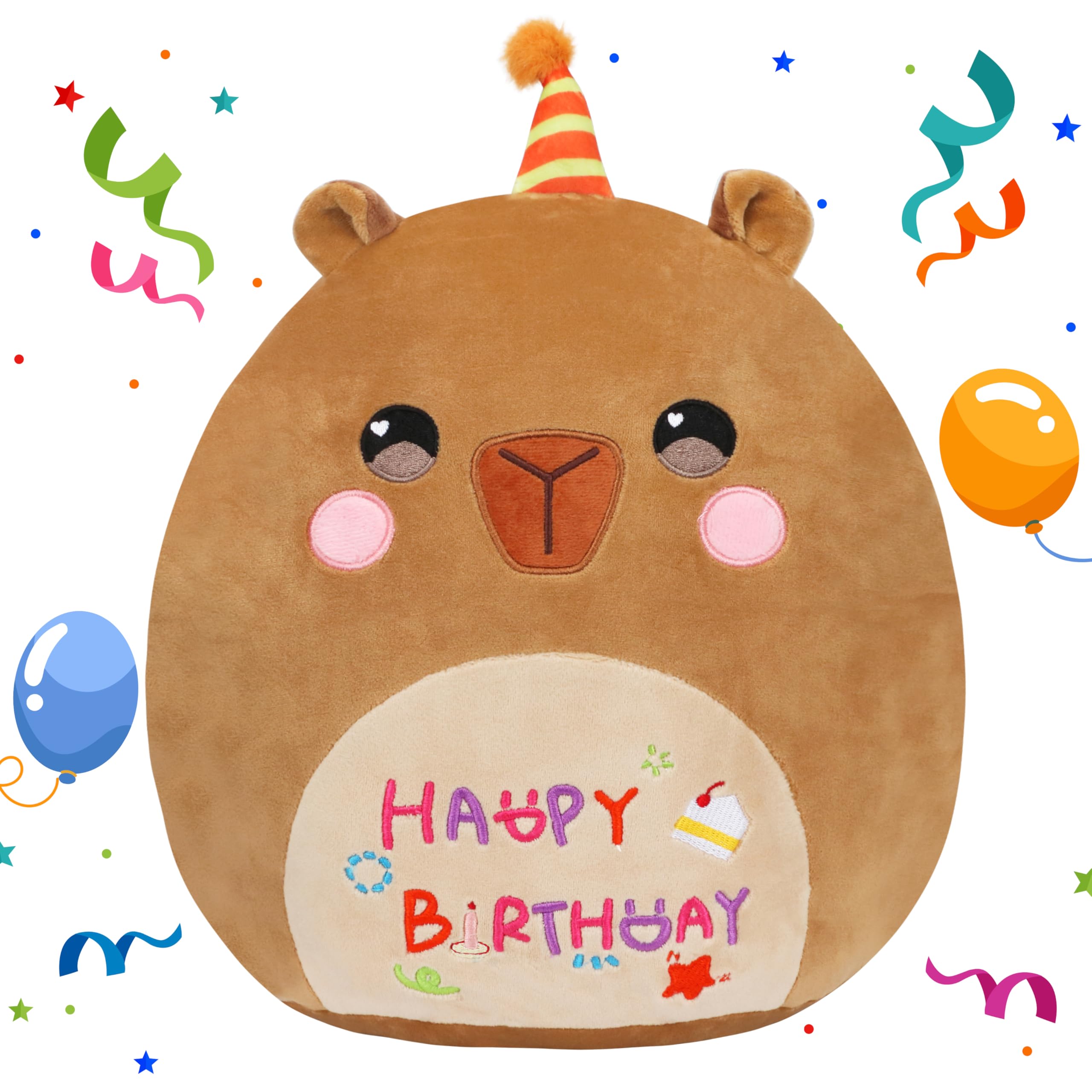 Easfan Birthday Capybara Plush Pillow Soft Toys with Happy Birthday Colorful Embroidered Stuffed Animals Gifts for Kids Adults, 12 inches