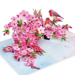 mothers day card, pop up valentines day birthday anniversary cards, 3d get well soon thank you card (size 6x8 in – cherry blossom robins couple).