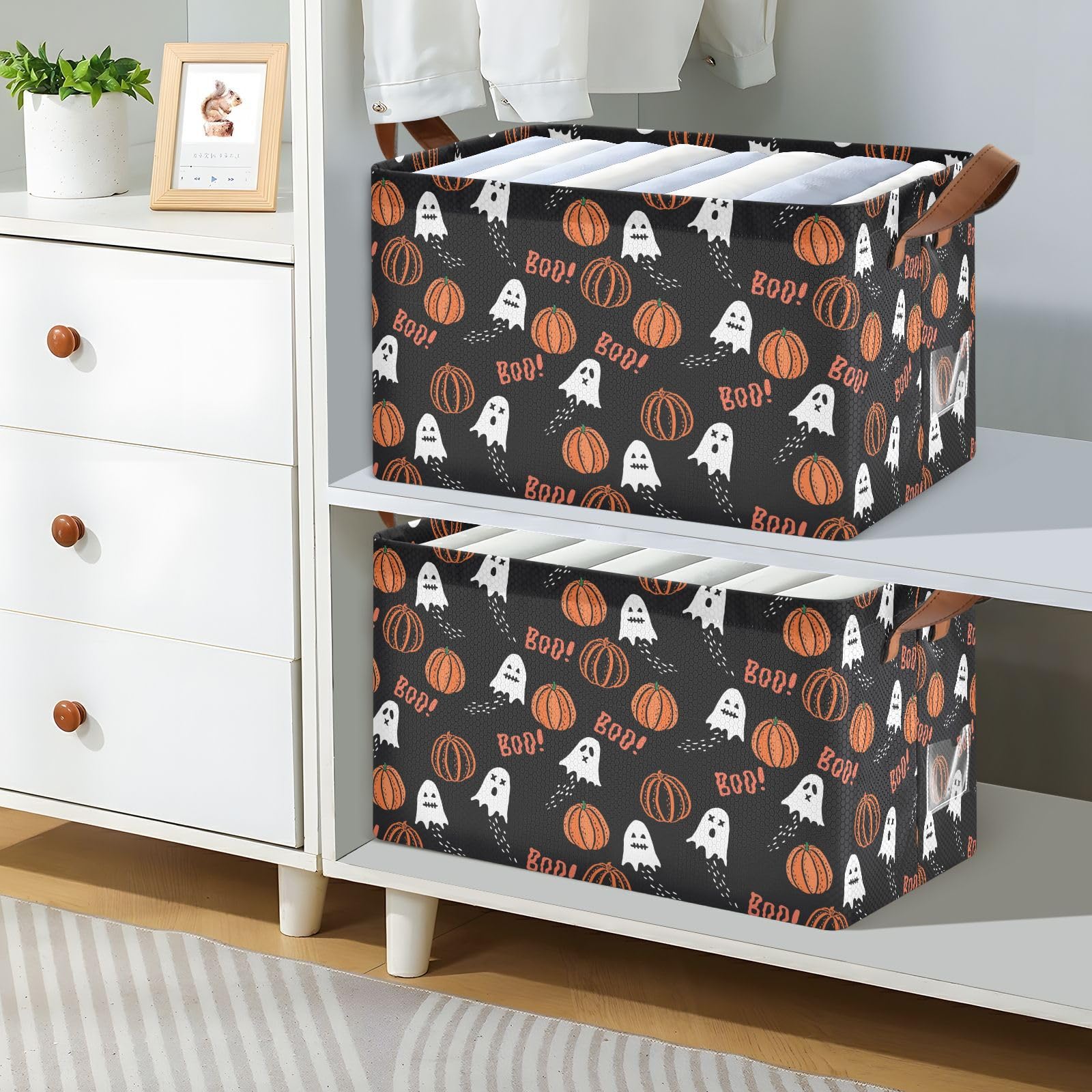 Takiito Halloween Pumpkins Boo Storage Bin for Organizing Shelves, Fabric Storage Basket with Handles for Books Toys Closet, 1 Pack