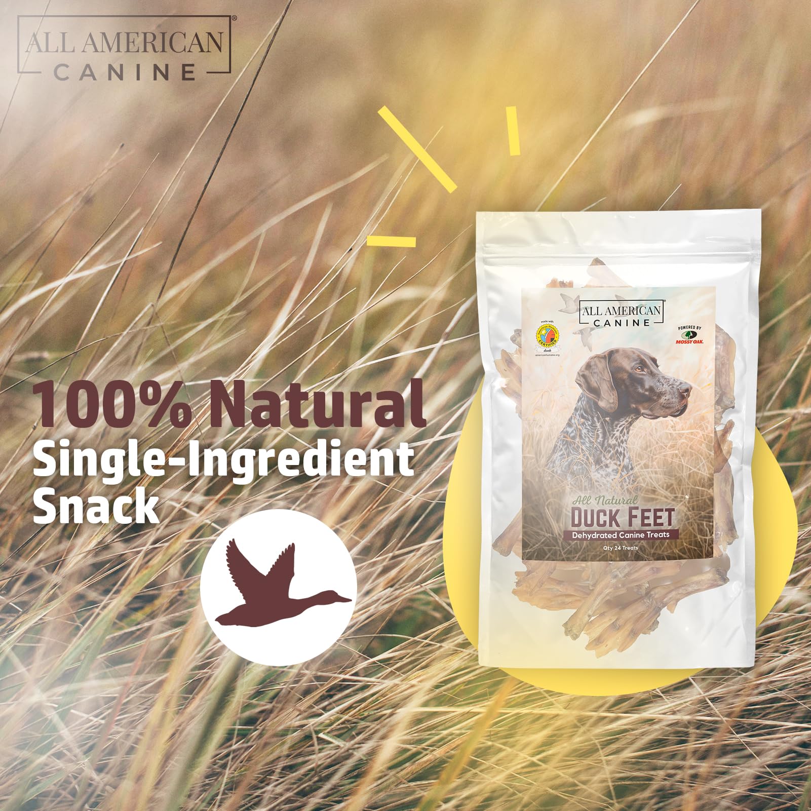 All American Canine Duck Feet Natural Single Ingredient Chewy Digestible Low-Fat Dehydrated Dog Treats for Training, Rewarding, Teeth Cleaning - 24 Treats