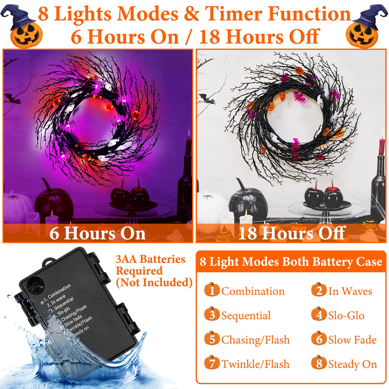 9FT 72 LED Halloween Decorations Willow Vine Twig Garland with 8 Modes Orange Purple White Lights & Timer & 8 Pumpkin Bat Ghost,Battery Operated Halloween Garland for Mantel Table Indoor Home Decor