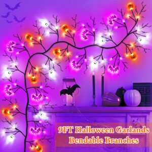 9FT 72 LED Halloween Decorations Willow Vine Twig Garland with 8 Modes Orange Purple White Lights & Timer & 8 Pumpkin Bat Ghost,Battery Operated Halloween Garland for Mantel Table Indoor Home Decor