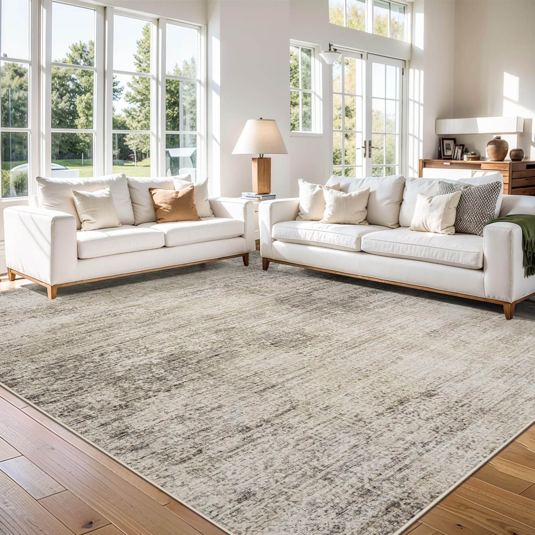 8x10 Area Rugs for Living Room Rug Washable Abstract: Large Rugs for Dining Room Bedroom Carpet Farmhouse Non Slip Low Pile Pet Friendly Area Rug 8 by 10 Indoor - Light Brown