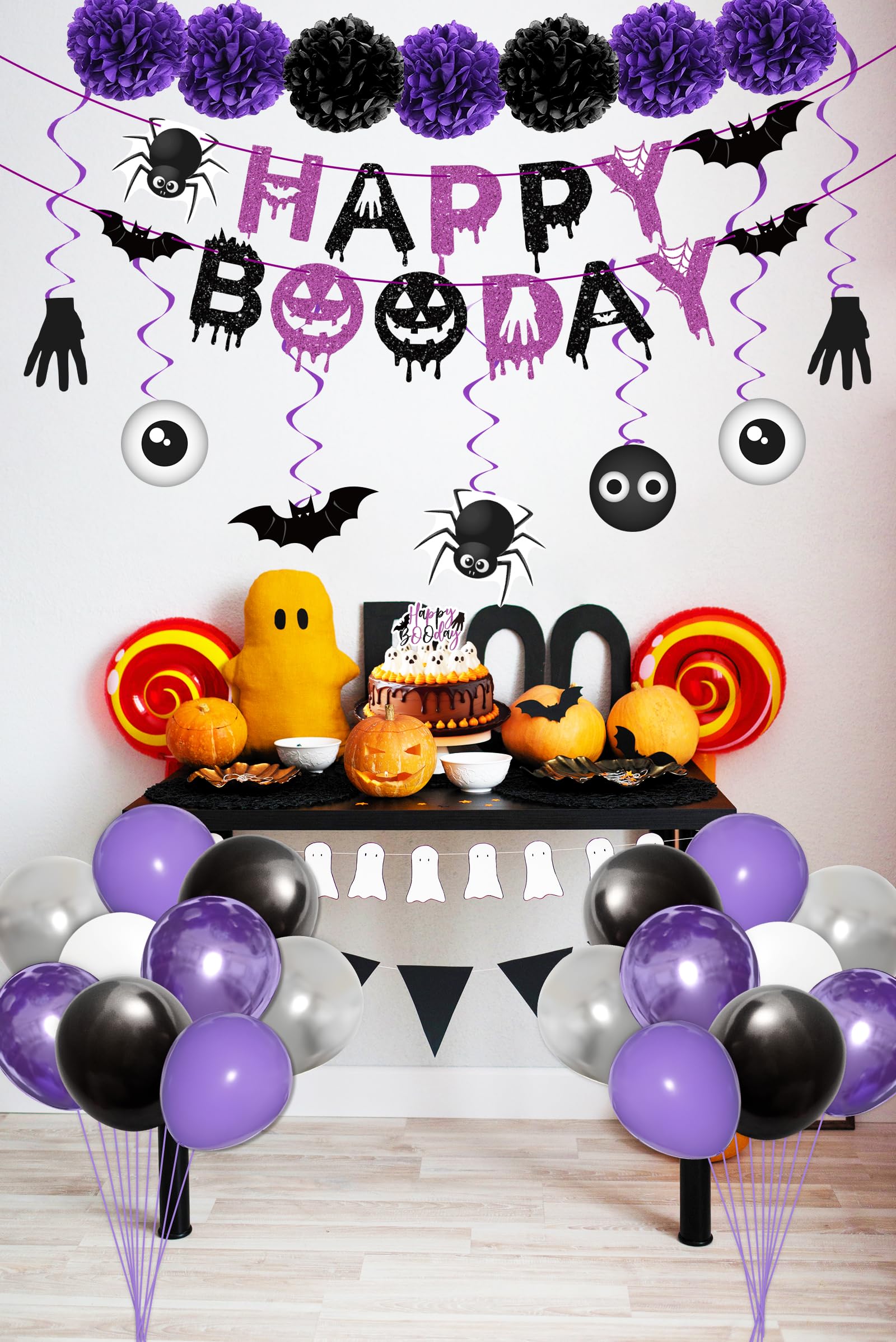 Halloween Birthday Party Decorations Balloon Banner Paper Pompom Cake Topper Hanging Swirl for Halloween Happy Boo Day Party Supplies