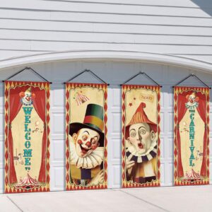 tiamon 4 pcs vintage halloween carnival banner circus carnival party supplies retro clown porch sign halloween garage decorations backdrop poster for indoor outdoor wall hanging decor